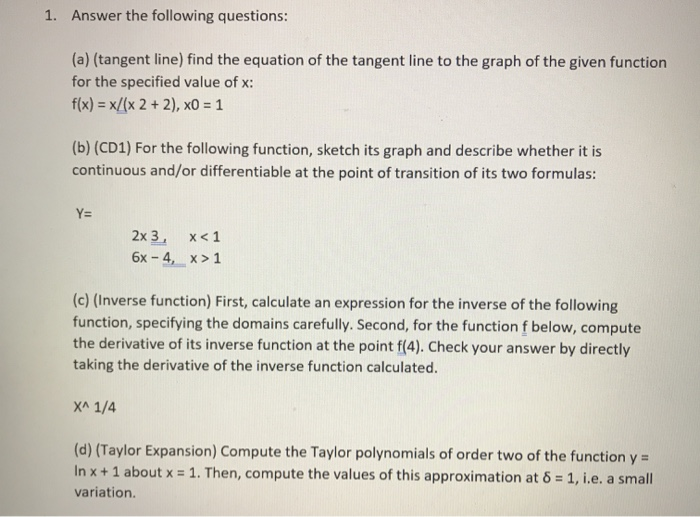 1. Answer the following questions: (a) (tangent line) | Chegg.com