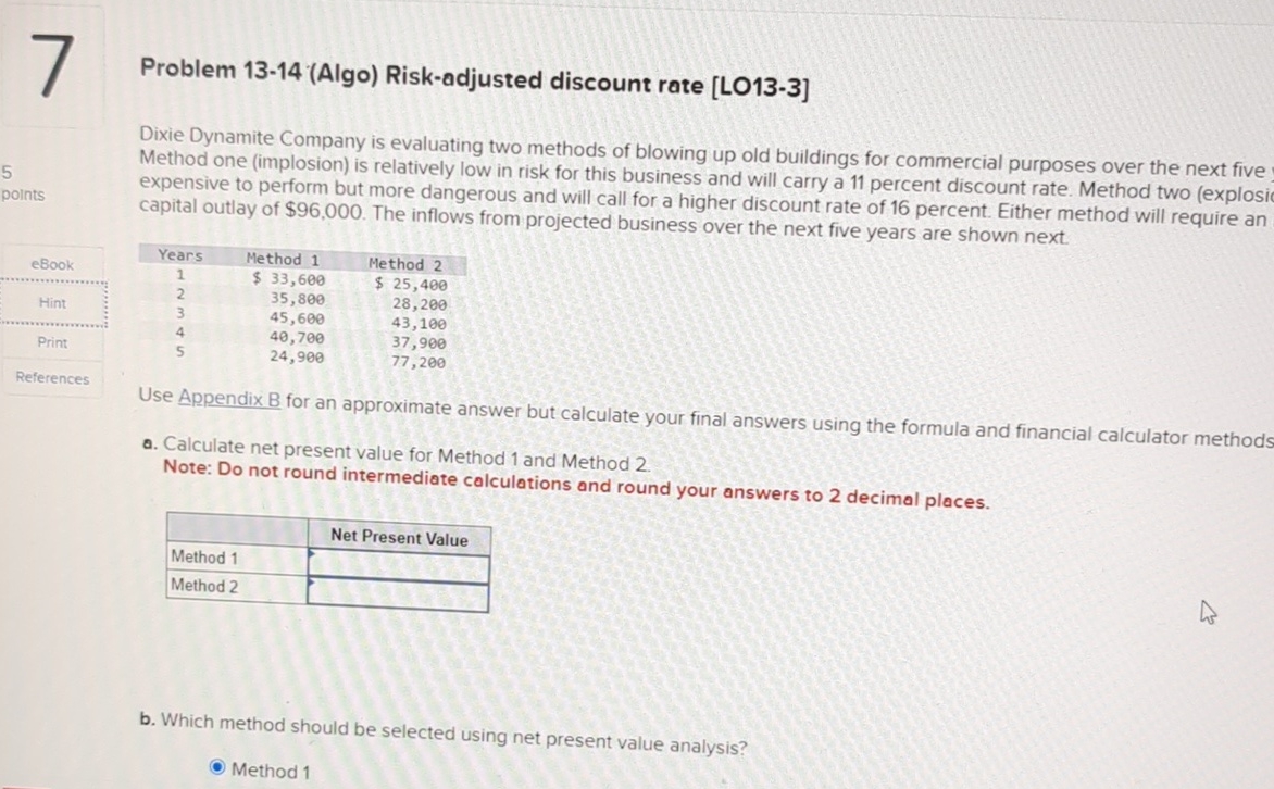 Solved Problem 13-14 (Algo) ﻿Risk-adjusted discount rate | Chegg.com