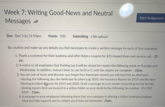 Solved Week 7: Writing Good-News and Neutral Messages at Due | Chegg.com