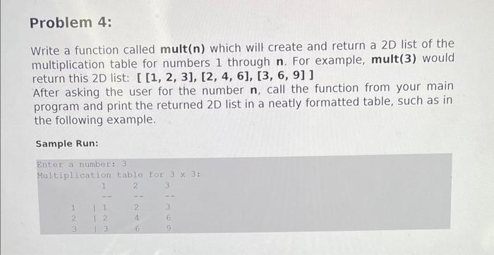 Solved Problem 4: Write a function called mult(n) which will | Chegg.com