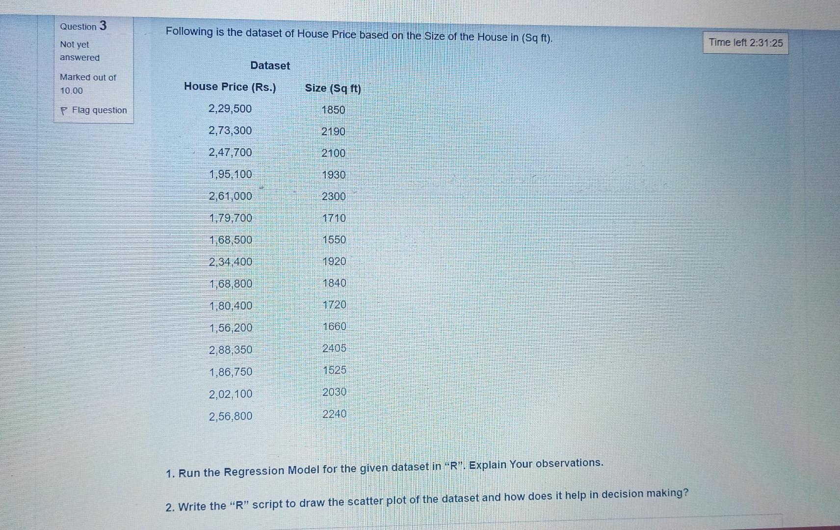 Solved Question 3 Following is the dataset of House Price | Chegg.com