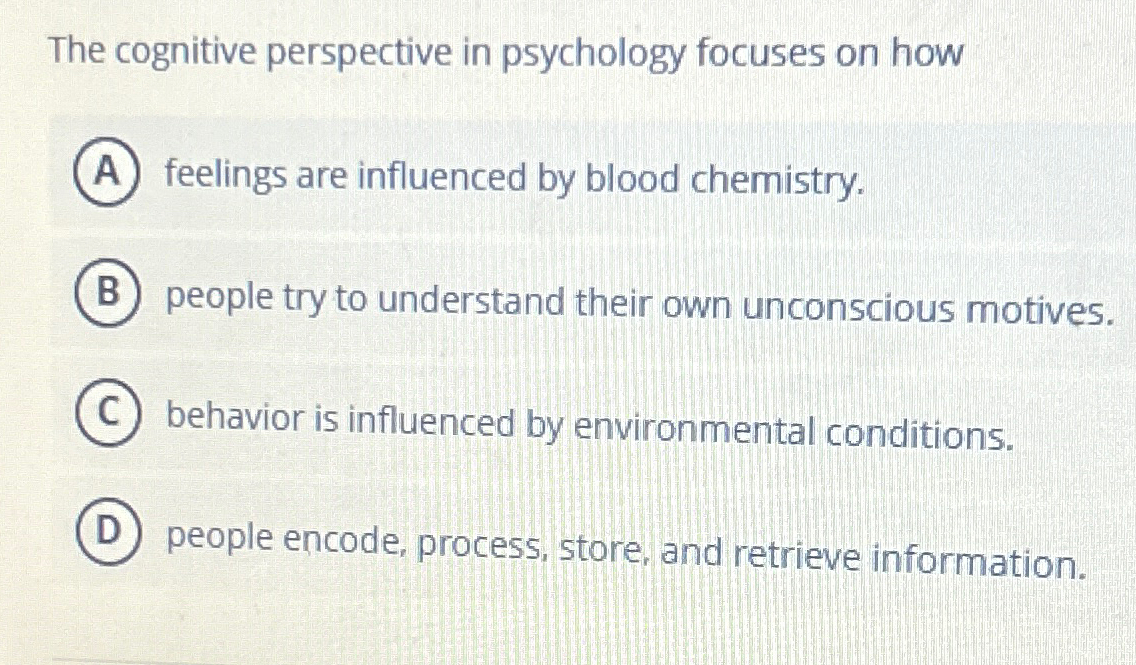 Solved The cognitive perspective in psychology focuses on | Chegg.com