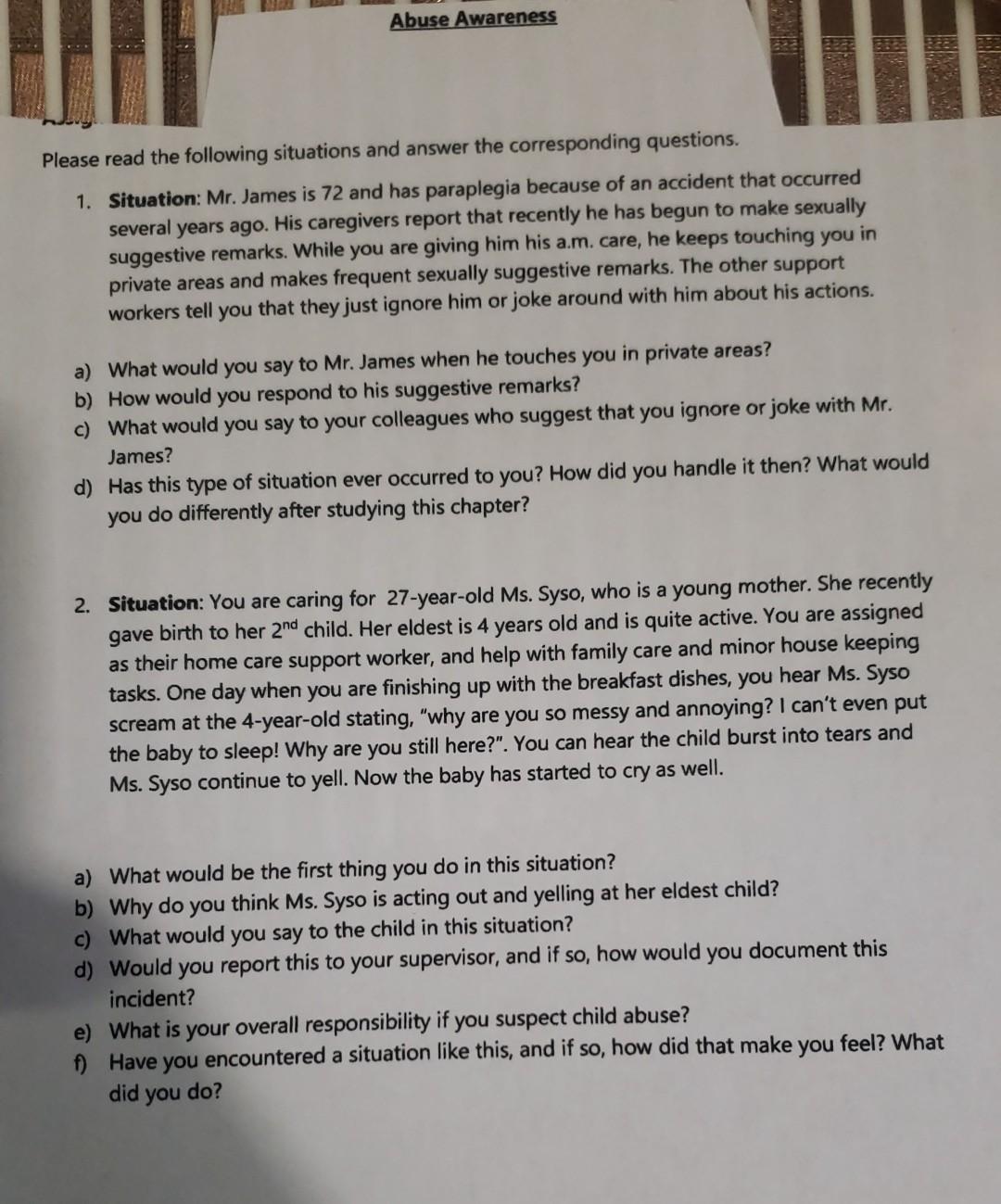 Solved Abuse Awareness Please read the following situations | Chegg.com