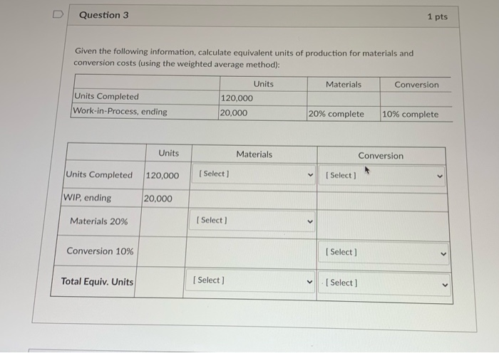 Solved Question 3 1 pts Given the following information, | Chegg.com