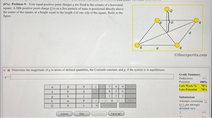 Solved (6%) Problem 9: Four equal positive point charges q | Chegg.com