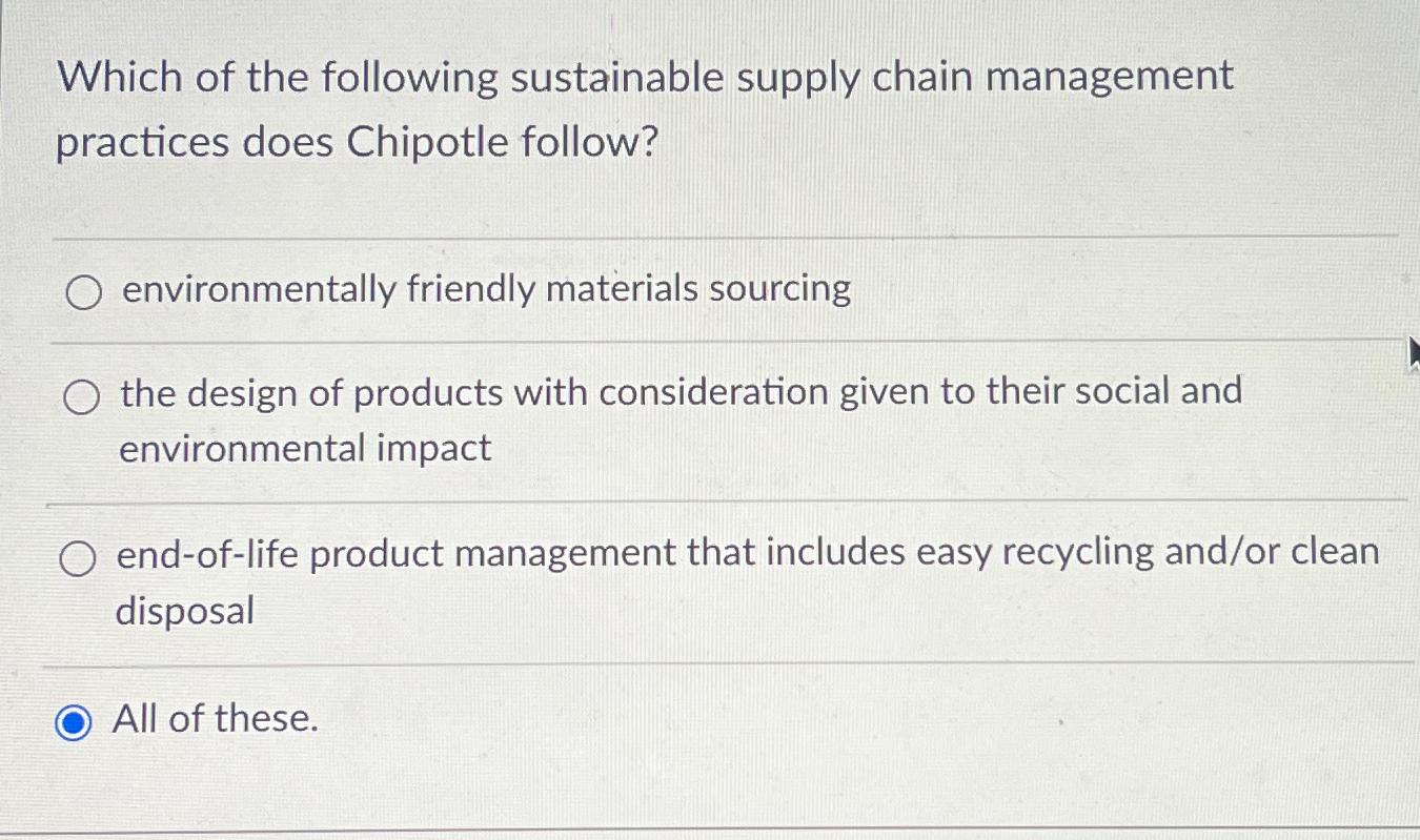 Solved Which of the following sustainable supply chain | Chegg.com