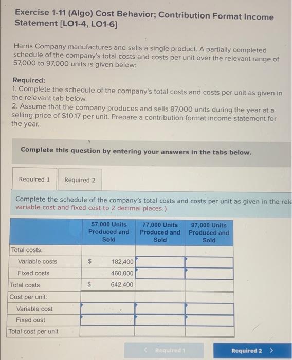 Solved Exercise 1-11 (Algo) Cost Behavior; Contribution | Chegg.com