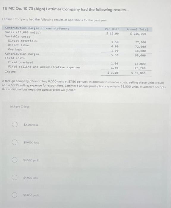 Solved TB MC Qu. 10-73 (Algo) Lattimer Company had the | Chegg.com