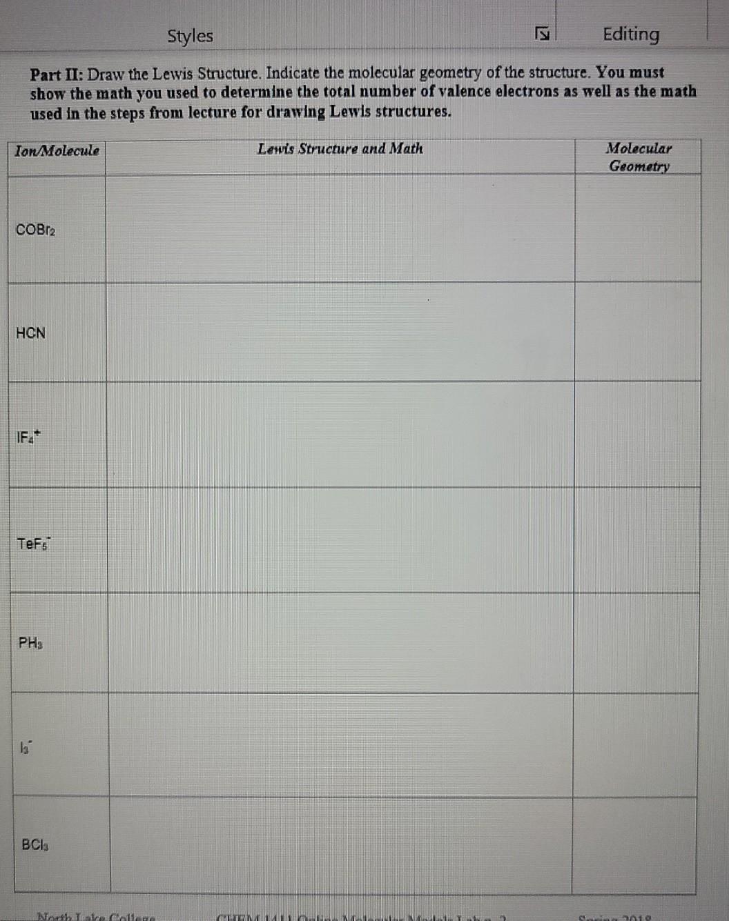 Solved Molecular Models Lab Report Sheet Part I: Complete | Chegg.com