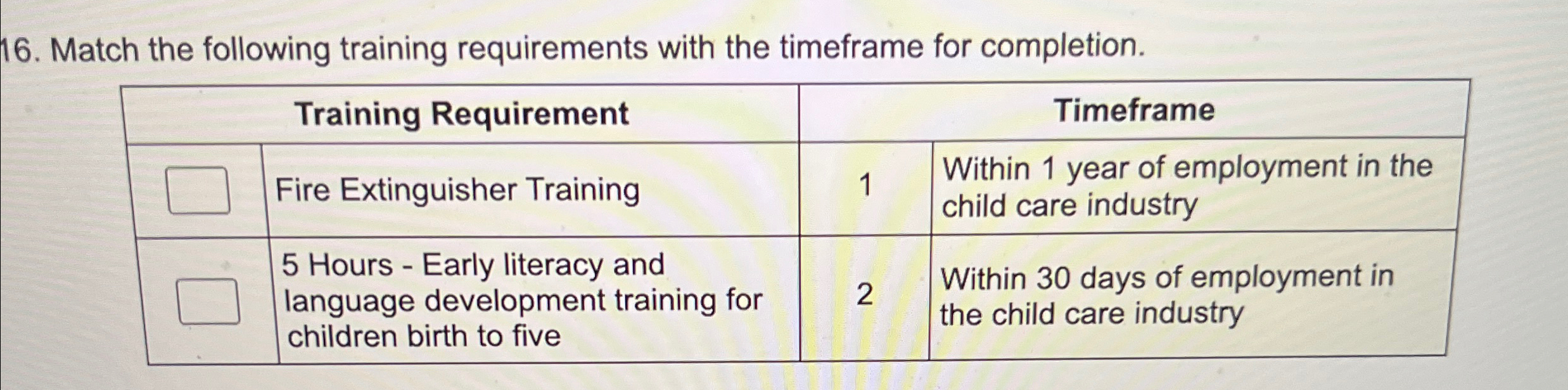 Solved Match the following training requirements with the | Chegg.com