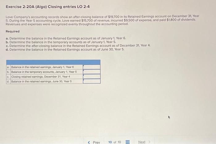 Exercise 2-20A (Algo) Closing entries LO 2-4 Love | Chegg.com