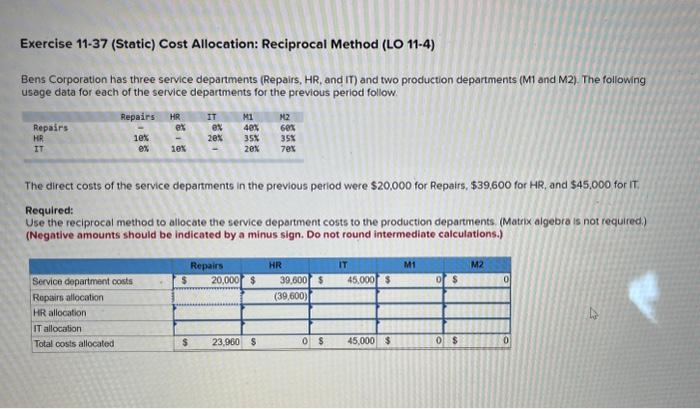 Solved Exercise 11-37 (Static) Cost Allocation: Reciprocal | Chegg.com