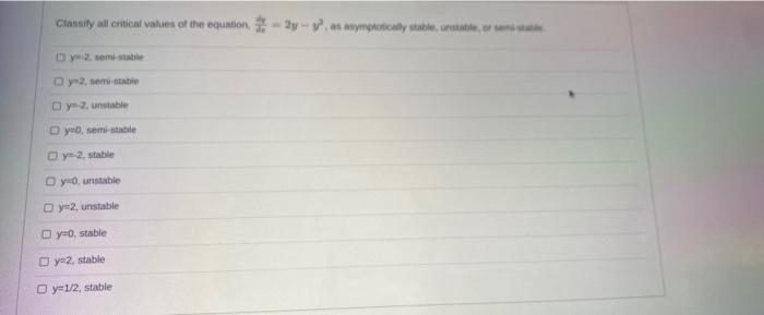 Solved Classify all critical values of the equation-2y- Dy2 | Chegg.com