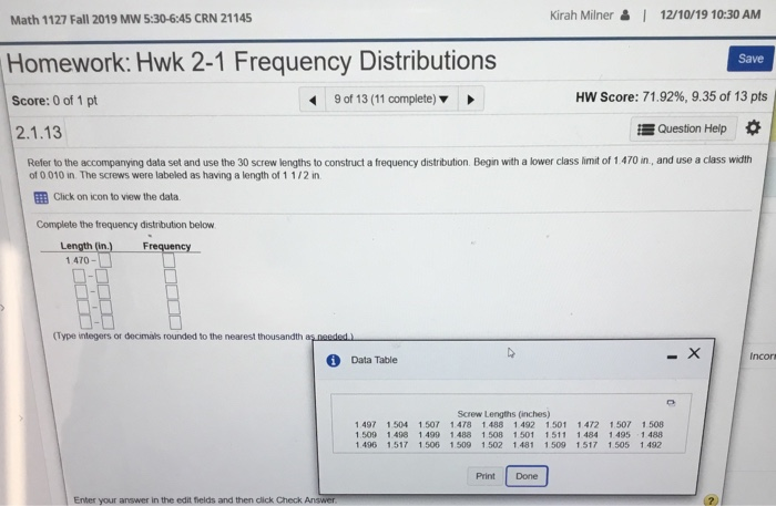 Solved Math 1127 Fall 2019 MW 5:30-6:45 CRN 21145 Kirah | Chegg.com