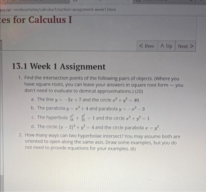 Solved 3.1 Week 1 Assignment 1. Find the intersection points | Chegg.com