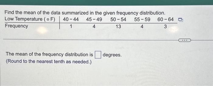 Solved Find the mean of the data summarized in the given | Chegg.com