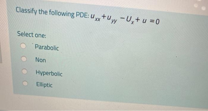 Solved Classify the following PDE: Uxx + Uyy - Ux+ u = 0 | Chegg.com