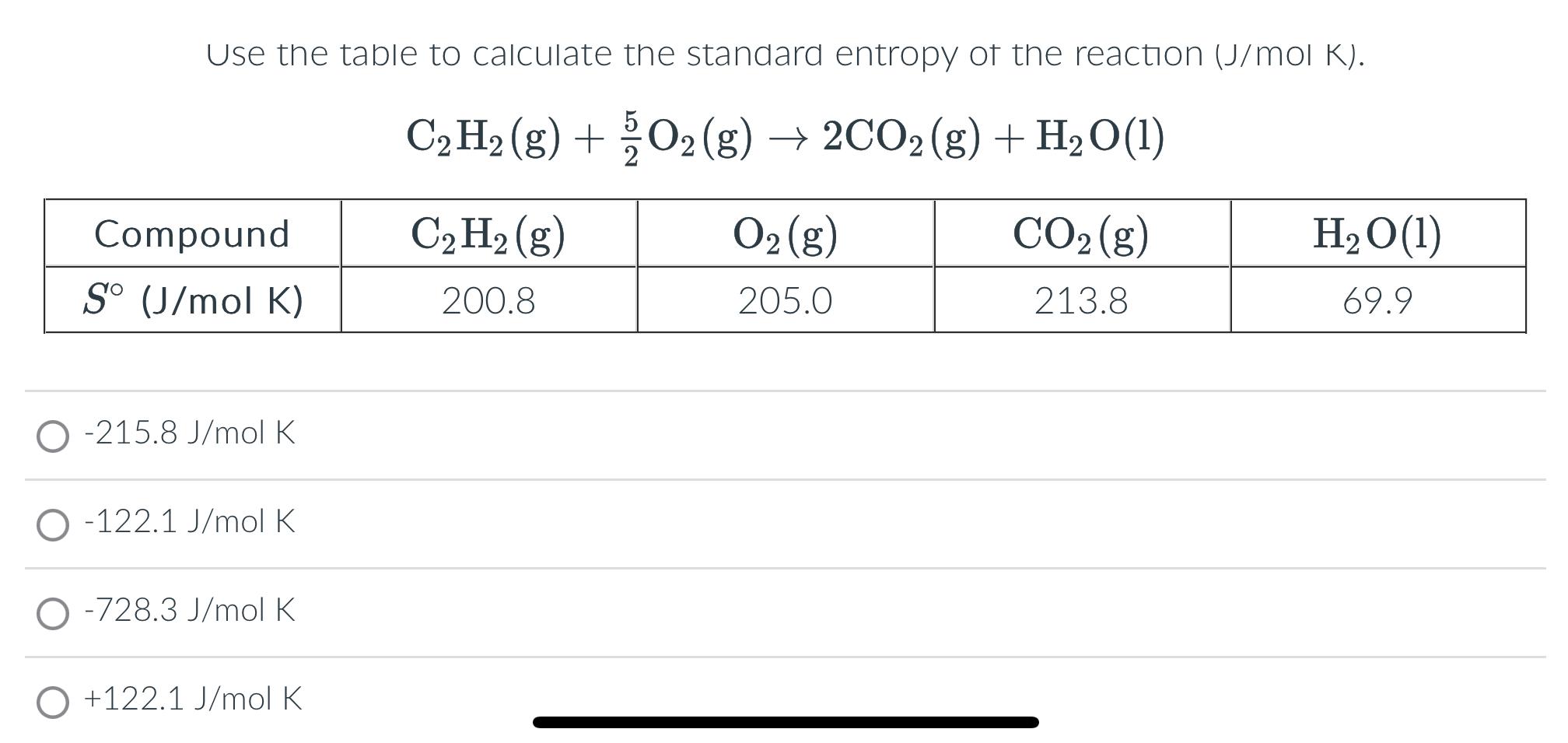 Solved Use the table to calculate the standard entropy of | Chegg.com