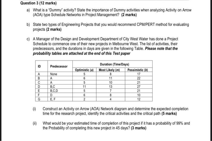 Solved Question 3 (12 marks) a) What is a "Dummy“ activity? | Chegg.com
