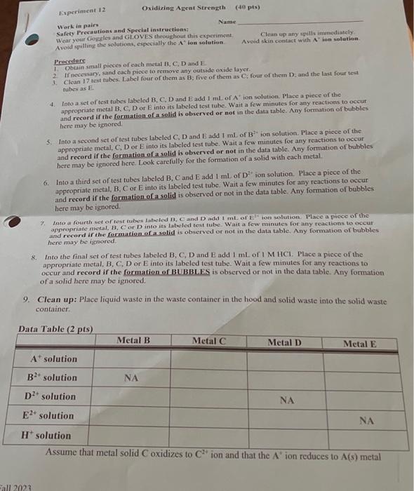Part I. 1. There are siz redox couples used in | Chegg.com