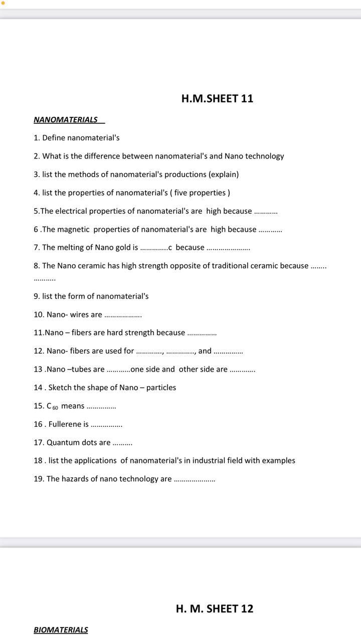 Solved H.M.SHEET 11 NANOMATERIALS 1. Define nanomaterial's | Chegg.com