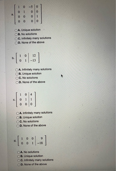 Solved 1 0 0-50 1 0 0 0 0 1 a. 0 0 0 0 0 OA. Unique solution | Chegg.com