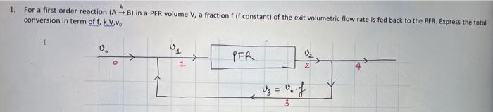 Solved 1. For a first order reaction (AB) in a PFR volume V, | Chegg.com
