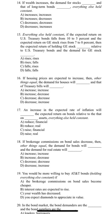 Solved 14. If wealth increases, the demand for stocks and | Chegg.com