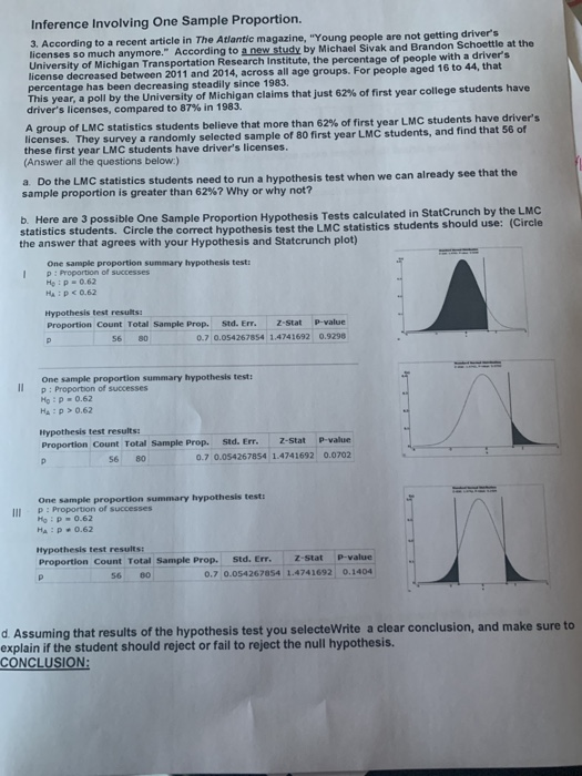 Solved Inference involving One Sample Proportion. 3. | Chegg.com