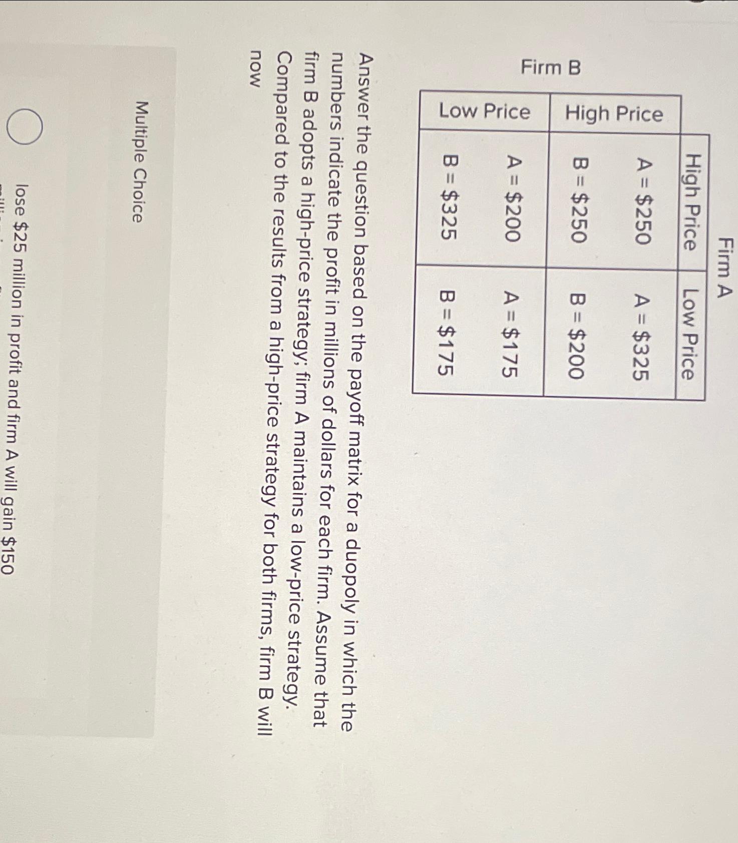 Solved \table[[,Firm A],[,High Price,Low | Chegg.com