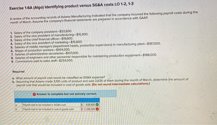 Solved Exercise 1-6A (Algo) Identifying product versus SG&A | Chegg.com