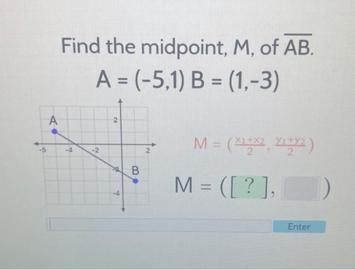 Solved Find the midpoint, M, of AB. A=(−5,1)B=(1,−3) | Chegg.com