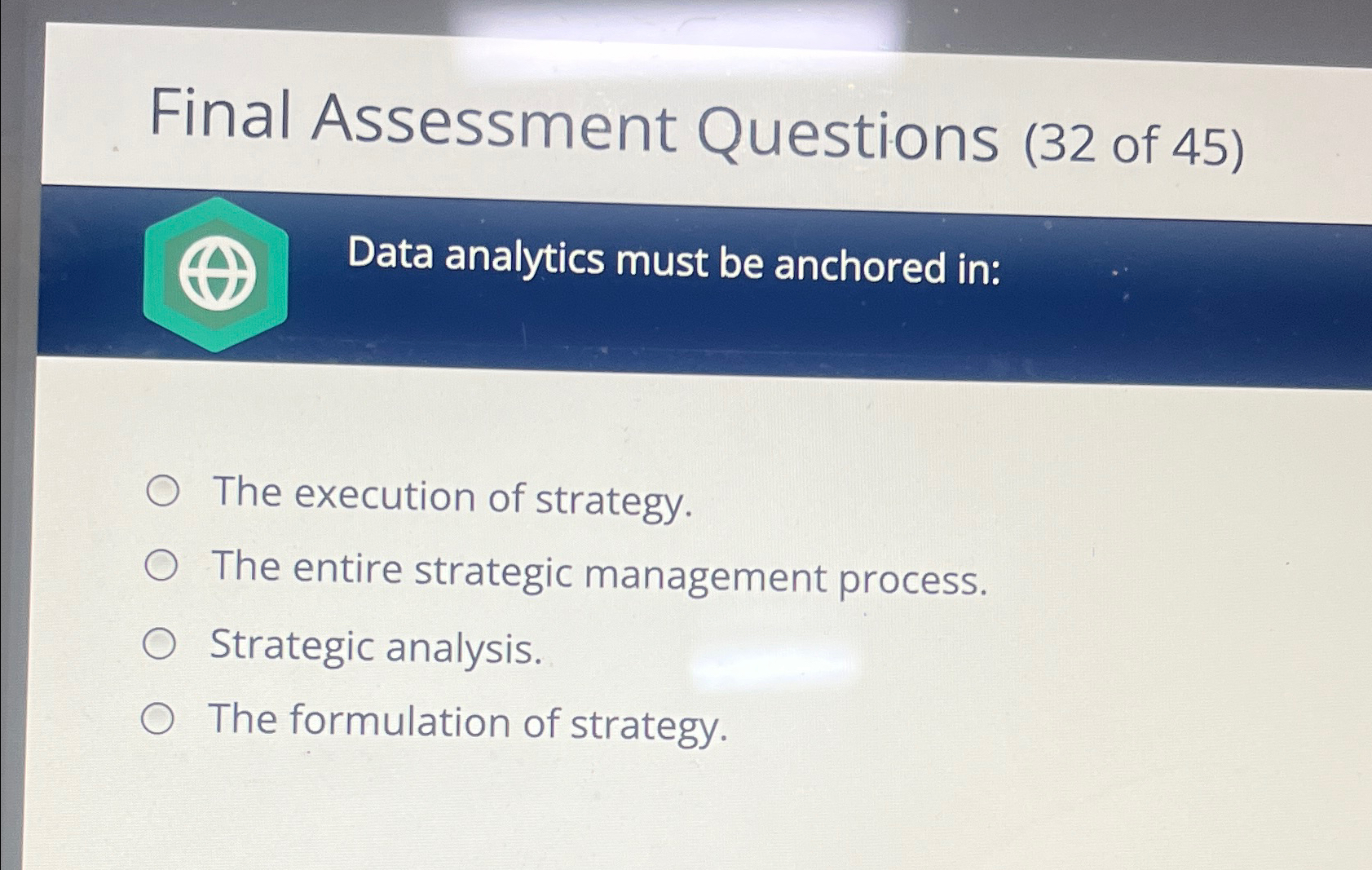 Solved Final Assessment Questions (32 ﻿of 45)Data analytics | Chegg.com