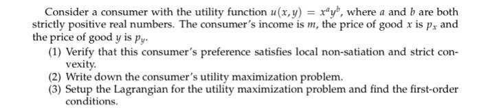 Solved Consider a consumer with the utility function u(x,y) | Chegg.com
