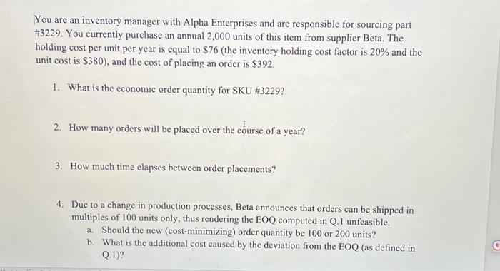 Solved You are an inventory manager with Alpha Enterprises | Chegg.com