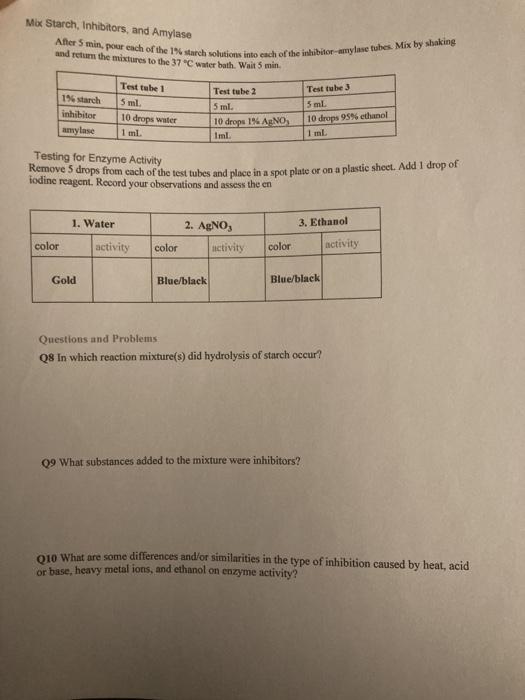 Solved Mix Starch, Inhibitors, and Amylase After 5 min, pour | Chegg.com