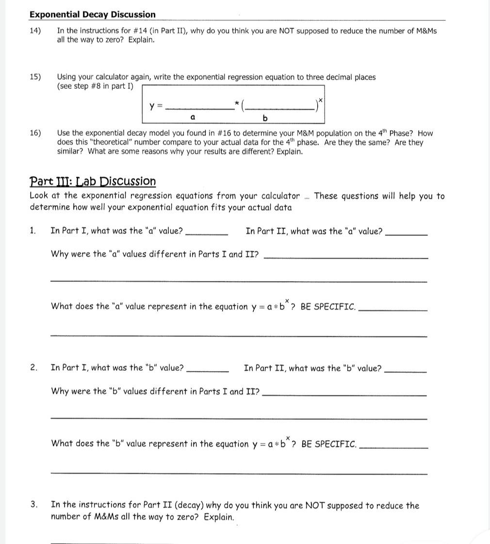M&M Lab (Exponential Growth and Decay) Part I: | Chegg.com