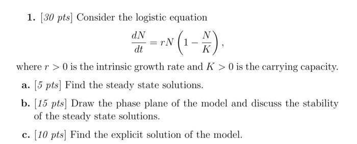Solved 1. [30 pts) Consider the logistic equation dN N IN 1 | Chegg.com