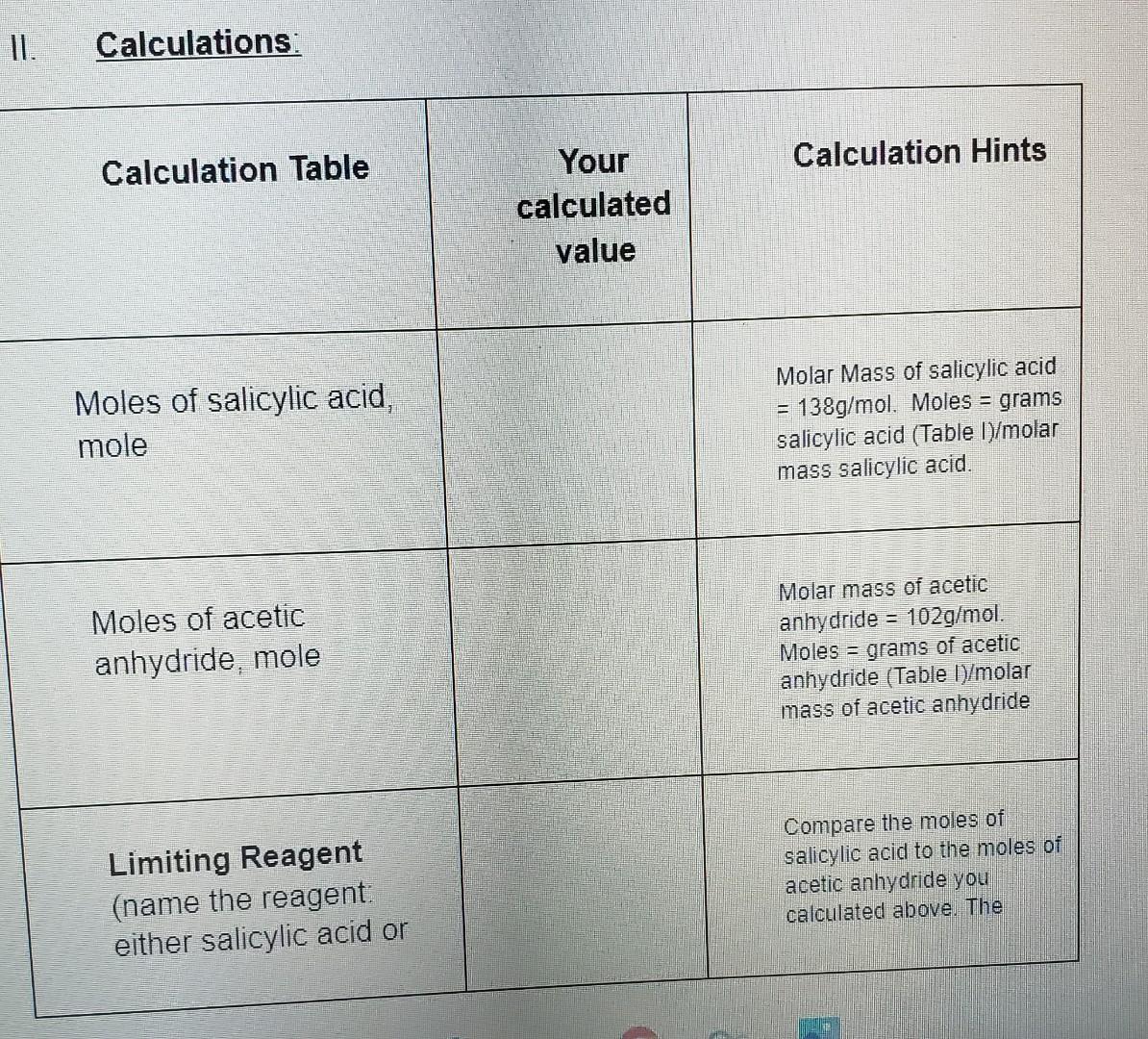 Solved Data Table Calculation Hints Data Collected or | Chegg.com