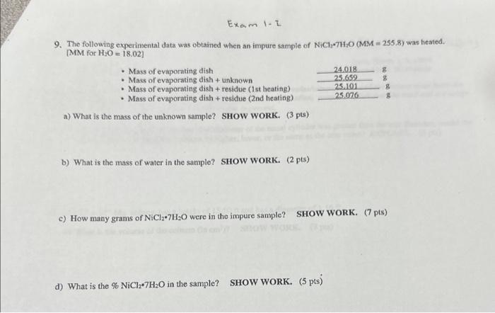 Solved Exam 1. L 9. The following experimental data was | Chegg.com