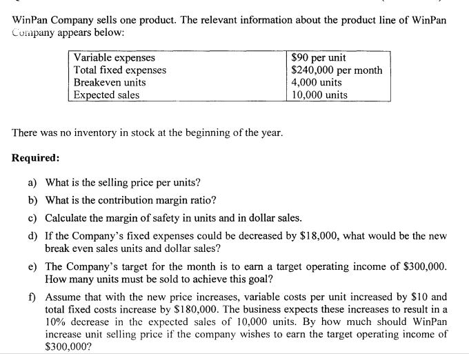 Solved WinPan Company sells one product. The relevant | Chegg.com