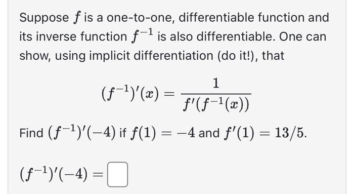 Solved Suppose f is a one-to-one, differentiable function | Chegg.com