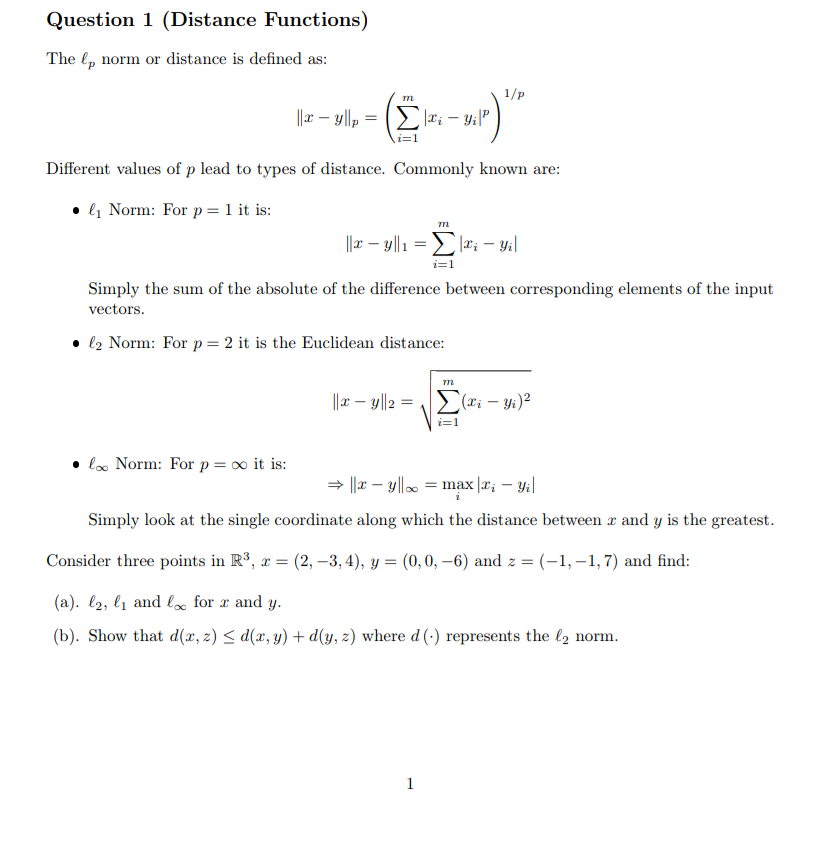 Solved The ℓp norm or distance is defined as: | Chegg.com