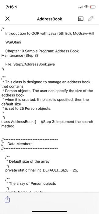 Solved 7:16 4 Х AddressBook Introduction to OOP with Java | Chegg.com