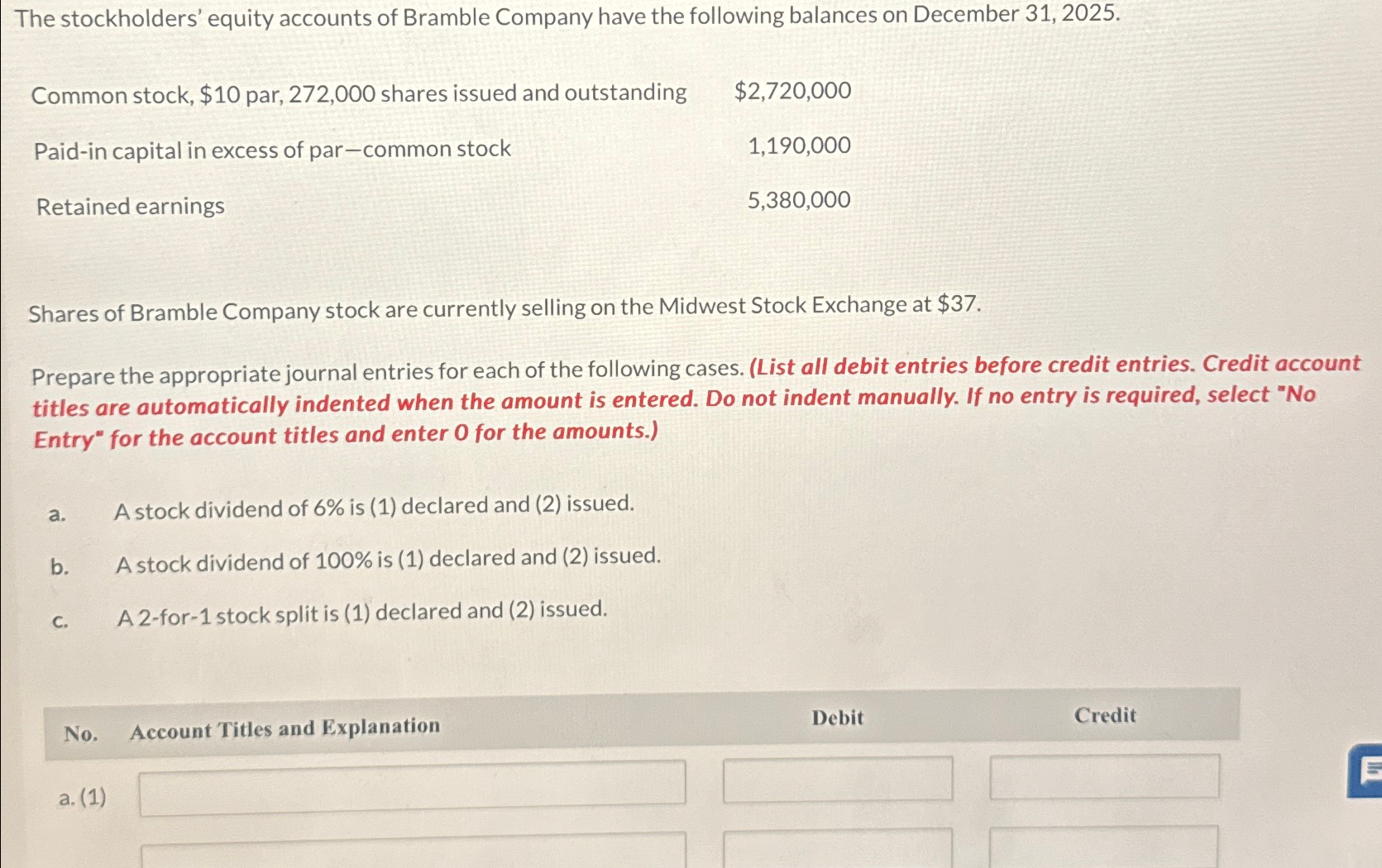 Solved The stockholders' equity accounts of Bramble Company | Chegg.com