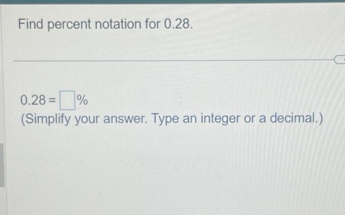 Solved Find percent notation for 0.28. 0.28= % (Simplify | Chegg.com
