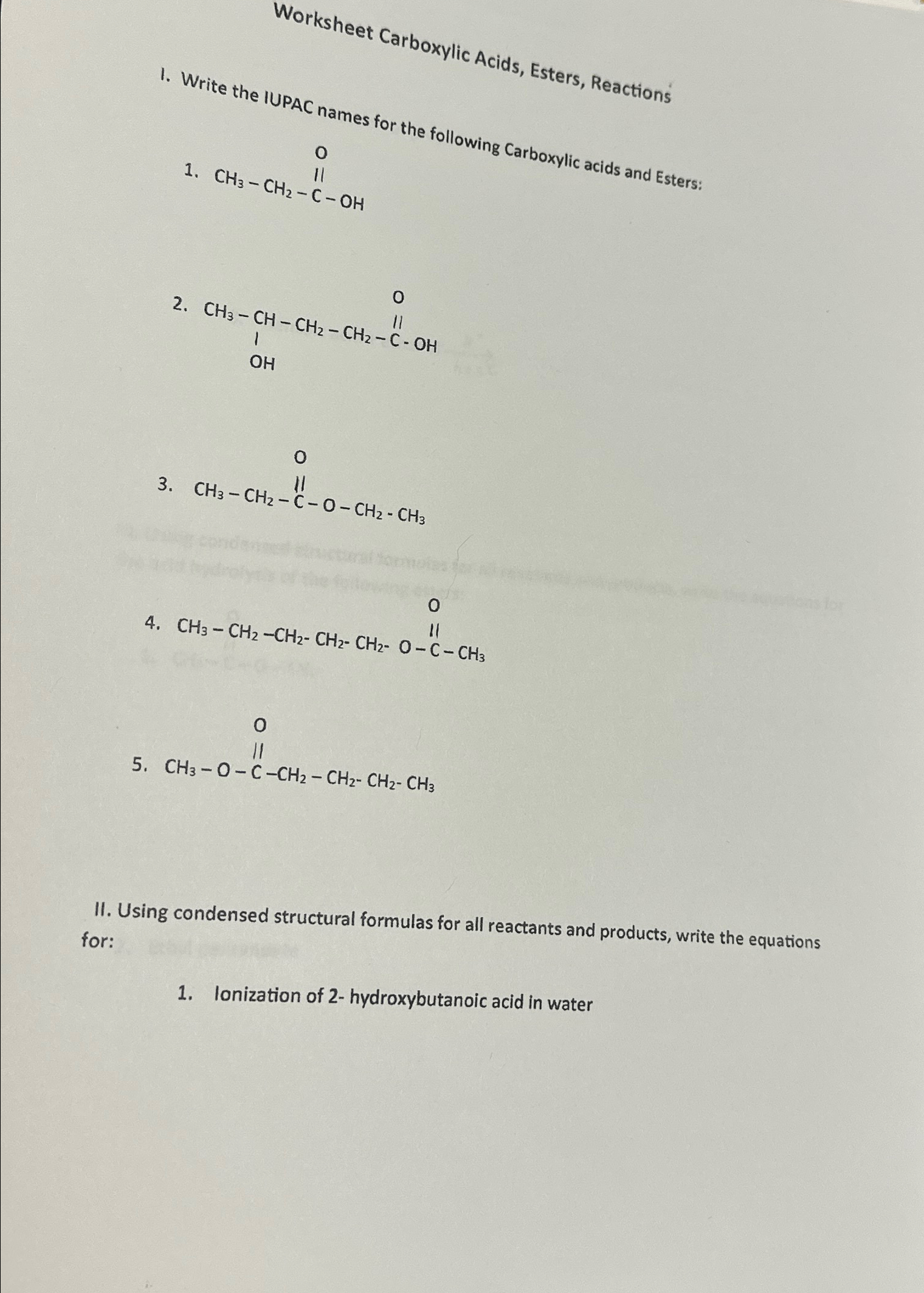 Solved Worksheet Carboxylic Acids, Esters, ReactionsWrite | Chegg.com