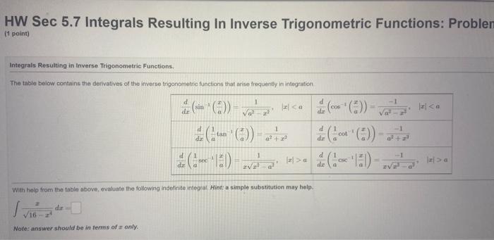 Solved HW Sec 5.7 Integrals Resulting In Inverse | Chegg.com