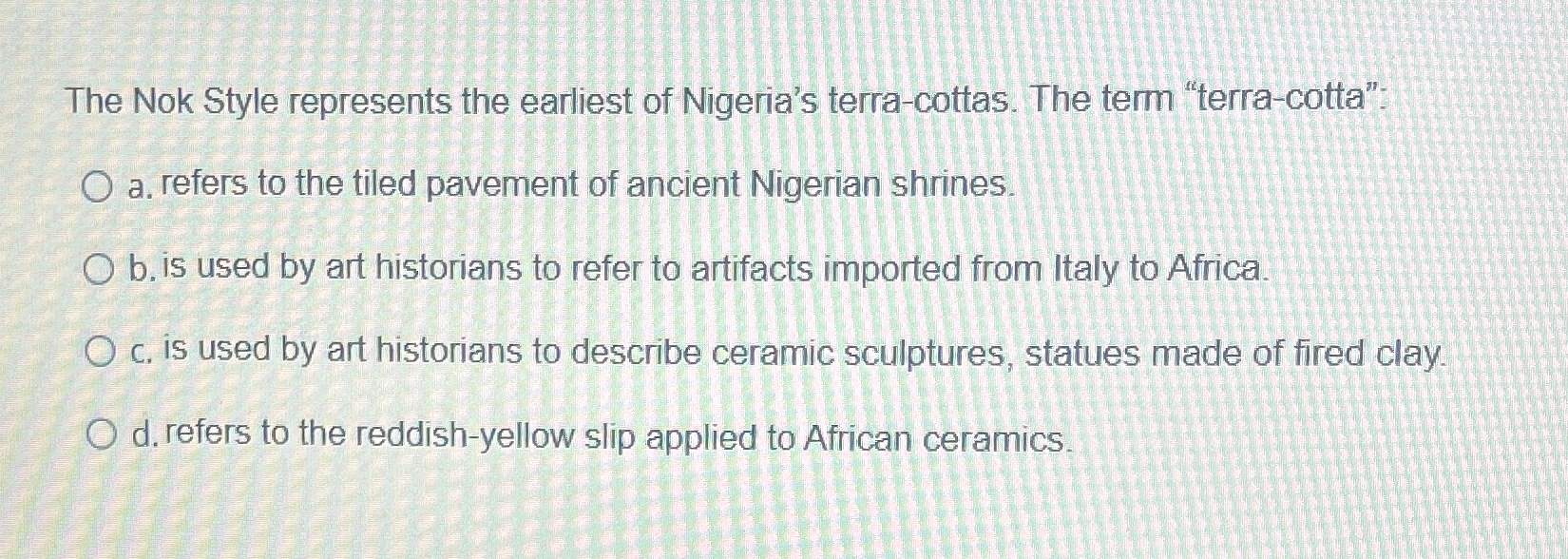 The Nok Style represents the earliest of Nigeria's | Chegg.com