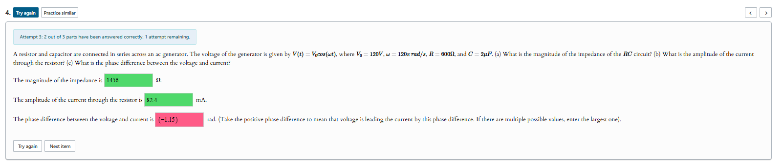 Solved [ ﻿Attempt 3: 2 ﻿out of 3 ﻿parts have been answered | Chegg.com
